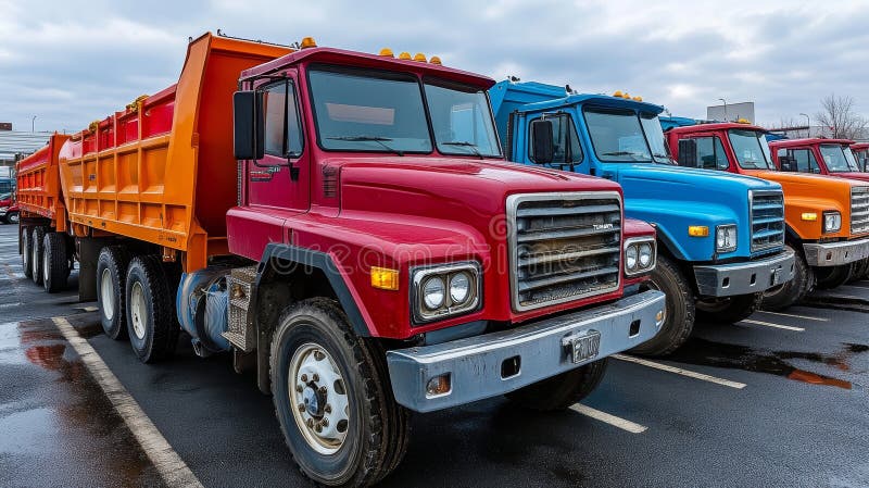Powerful Lineup of Heavy-Duty Orange, Red, and Blue Dump Trucks, Ready ...