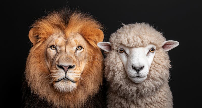 Powerful Lion and Fluffy Sheep Side by Side Stock Illustration ...