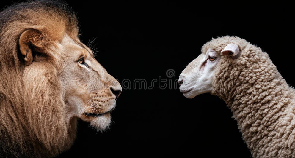 Powerful Lion and Gentle Sheep Face Off Stock Illustration ...