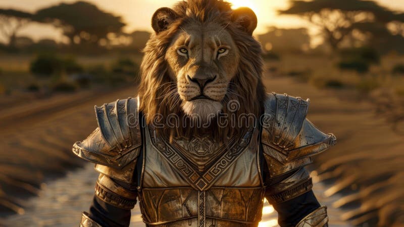 Powerful Lion in Golden Armor Standing in Sunset Landscape Stock ...