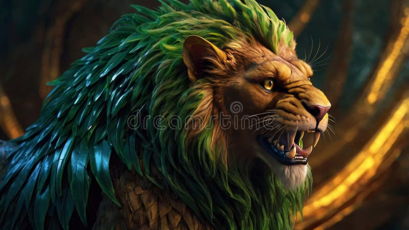 A Powerful Lion with Green Fur Stock Illustration - Illustration of ...