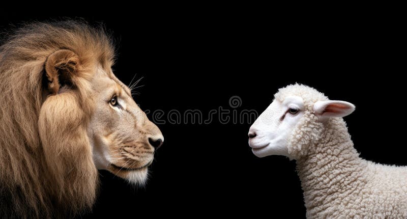 Powerful Lion and Innocent Lamb Face Off Stock Illustration ...