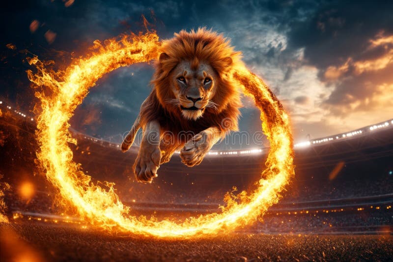 Powerful Lion Jumping through a Ring of Fire in a Stadium Stock Photo ...