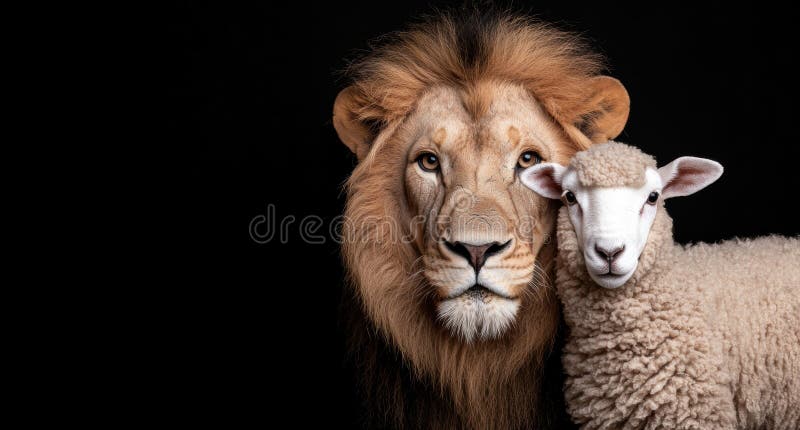 Powerful lion with a lamb stock illustration. Illustration of gentle ...