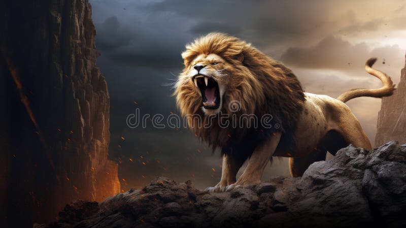 A Powerful Lion Roaring Intensely, Surrounded by Sparks of Fire with ...