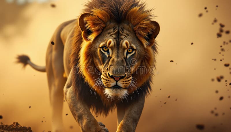 A Powerful Lion Stares Forward, His Face Marked by Dust and Battle ...