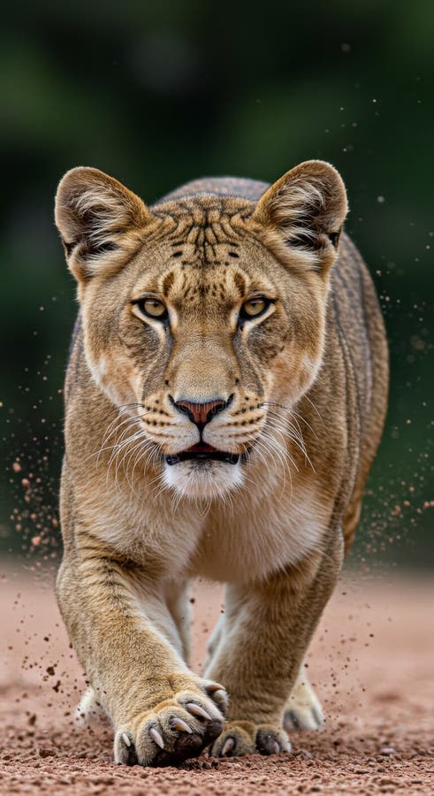 Powerful Lioness Walking Towards Camera in Dust Stock Illustration ...