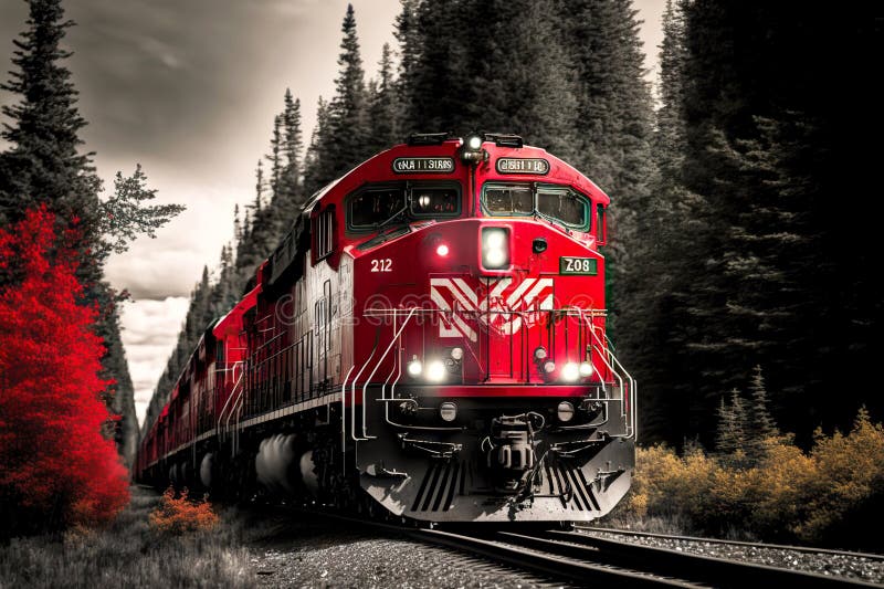 Powerful Locomotive Pulls Cargo Train with Loaded Wagons Along Forest ...