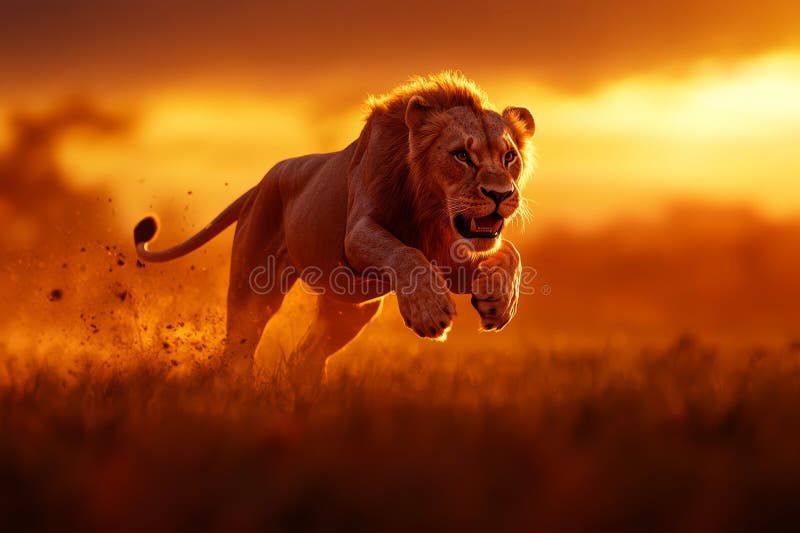 Powerful Male Lion Running on Savanna at Sunset Stock Illustration ...
