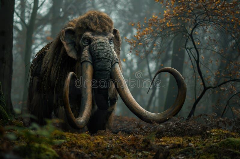 A Powerful Mammoth with Impressive Tusks Strolls through a Lush Forest ...