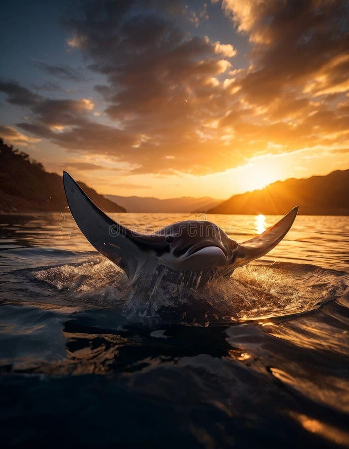 Majestic Manta Ray Breaching Ocean Surface Sunset Stock Photos - Free ...