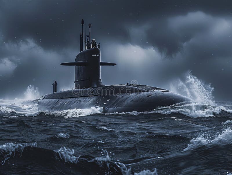 A Powerful Military Submarine Navigating through Rough Seas Under a ...