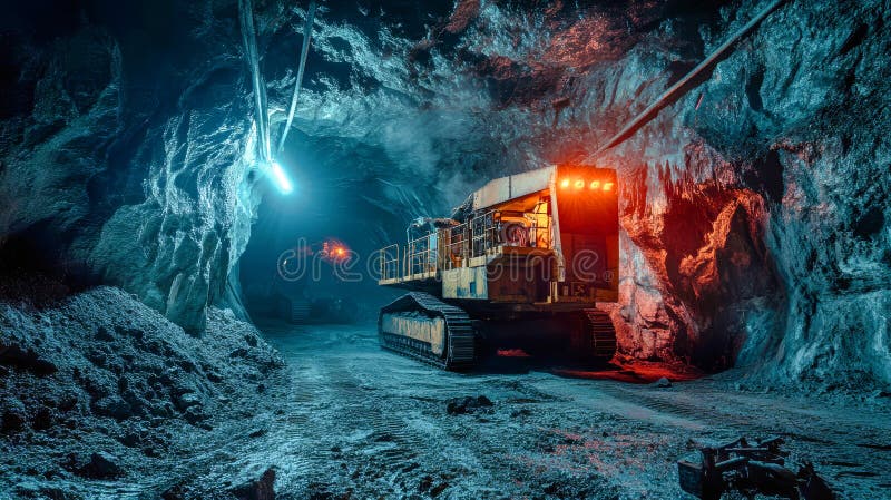 A Powerful Mining Machine Works in a Dark Rock Cave, Surrounded by ...