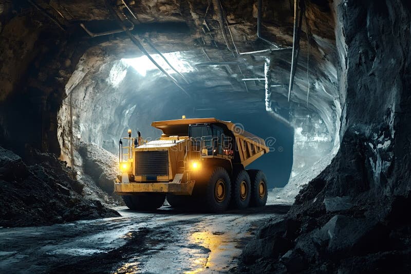 Large Mining Truck Working Underground in a Dark Tunnel Stock Photo ...