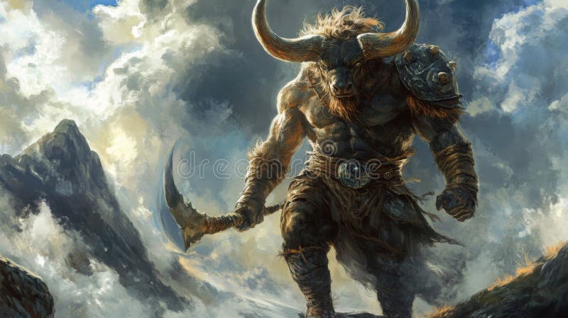 Powerful Minotaur with Axe in Dramatic Mountainous Landscape Stock ...