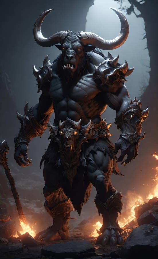 Powerful Minotaur Warrior Amidst Fire and Shadow Stock Photo - Image of ...