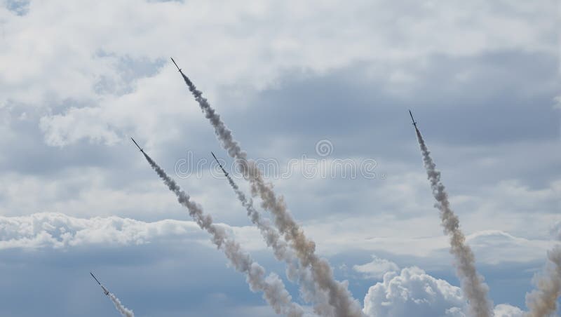 Powerful Missiles Ascending in Formation through Dramatic Sky with ...