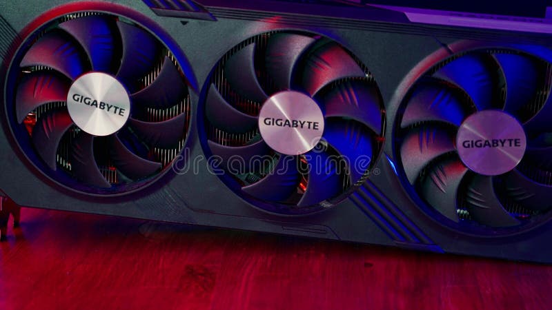 Powerful Modern GPU Video Card with Two Fans Close Up in Neon Light ...