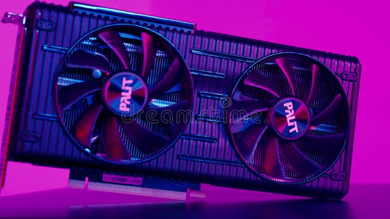 Powerful Modern GPU Video Card with Two Fans Close Up in Neon Light ...