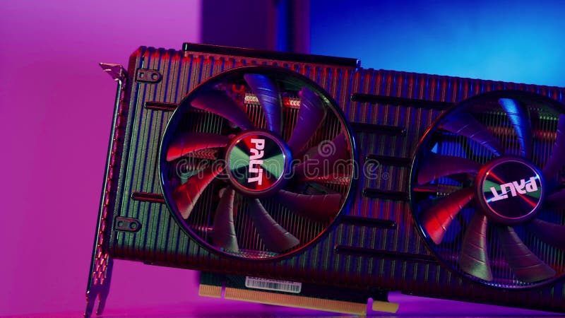 Powerful Modern GPU Video Card with Two Fans with PC Case on Background ...