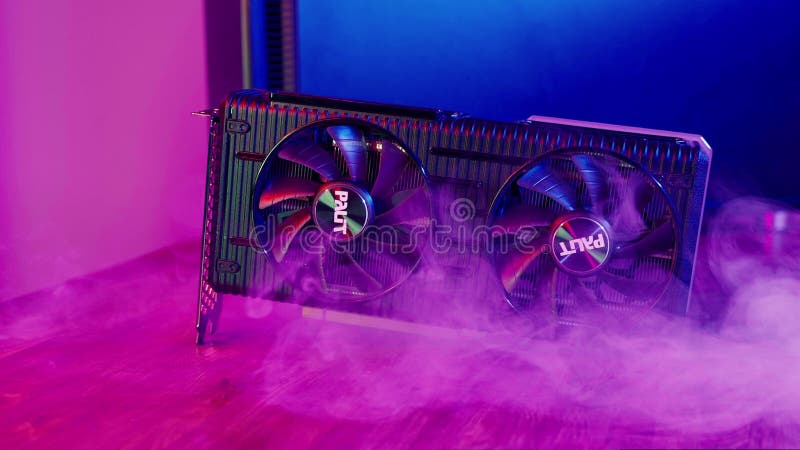 Powerful Modern GPU Video Card with Two Fans Close Up in Neon Light ...