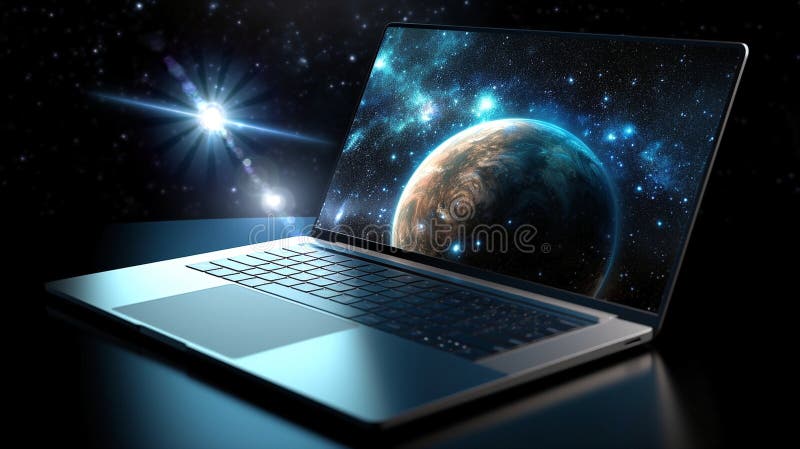 Powerful Modern Laptop on Starry Space Internet Connection Concept ...