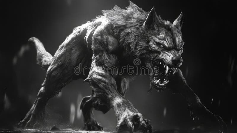 Powerful Monochrome Wolf Monster in Dark Setting Stock Illustration ...