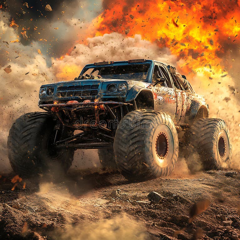 Powerful Monster Truck Racing through Exploding Fireball, Dramatic ...
