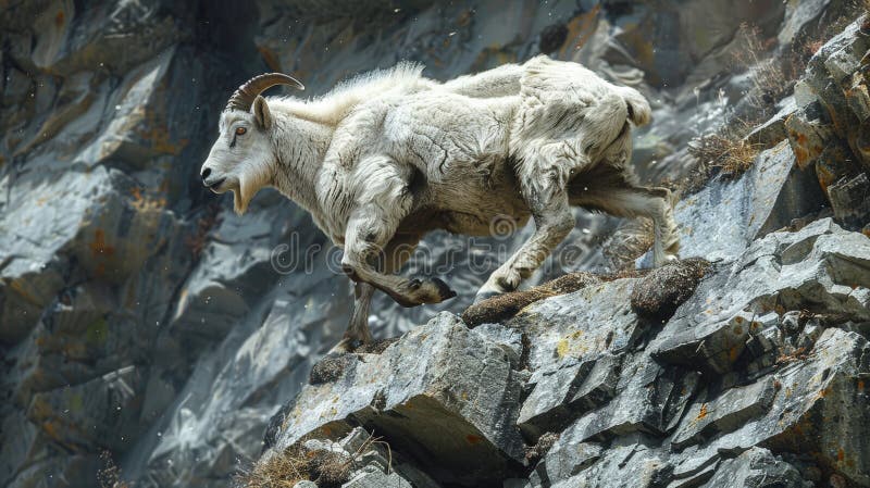 A Powerful Mountain Goat Skillfully Navigates a Steep, Rugged Cliffside ...