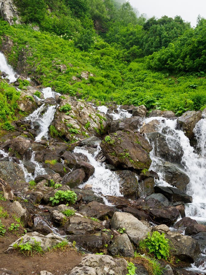 A Powerful Mountain Stream Flows Down from the Rocks and Stones Stock ...