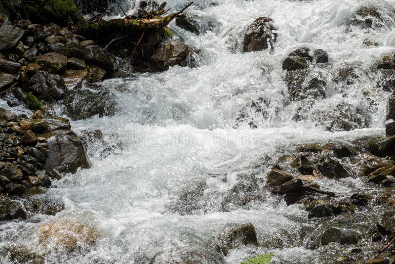 A Powerful Mountain Stream Flows Down from the Rocks and Stones Stock ...