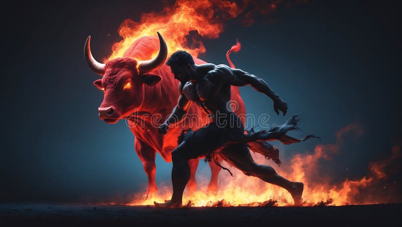 Mythical Confrontation: Man Vs. Fiery Bull Stock Illustration ...