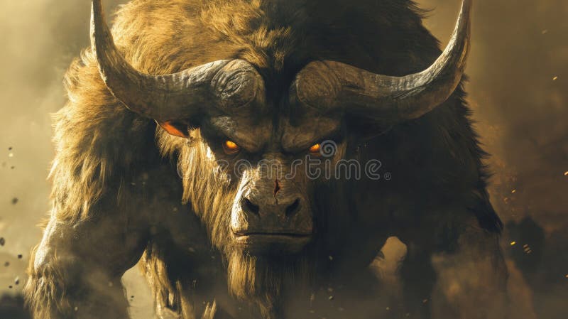Powerful Mythical Golden Bull Charging through Dust Stock Illustration ...