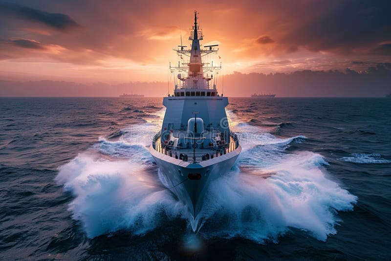 Majestic Warship at Sunset Powerful Navy Frigate Cutting through Ocean ...