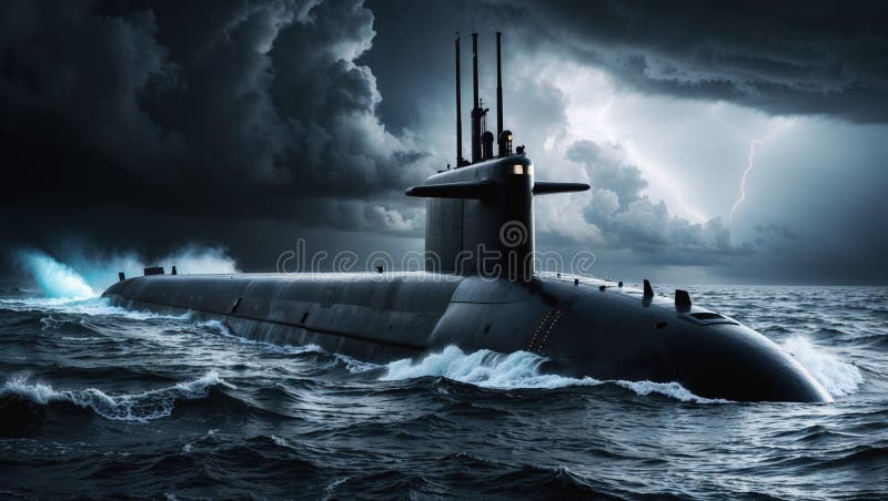 Nuclear Submarine Cruising on the Surface in Stormy Seas at Night Stock ...