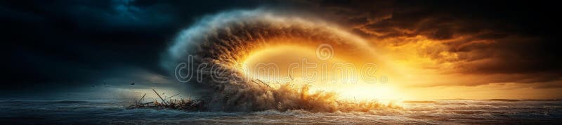 Powerful Ocean Wave Breaking Apart at Sunset Stock Illustration ...