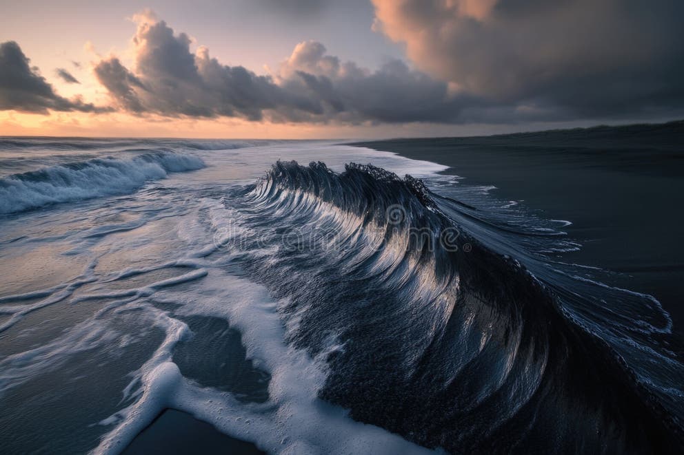A Powerful Ocean Wave Crashes Onto the Sandy Beach, Creating a Foamy ...
