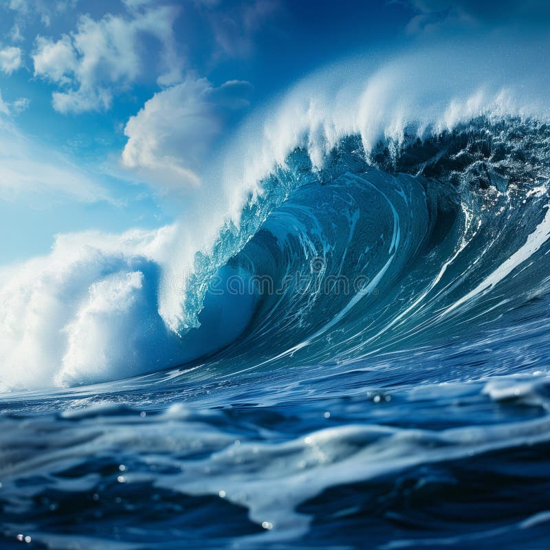 Powerful Ocean Wave Crashing with Blue Sky Background Stock ...
