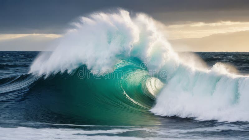 Powerful Ocean Wave Crashing with Dramatic Splash at Sunset. Stock ...