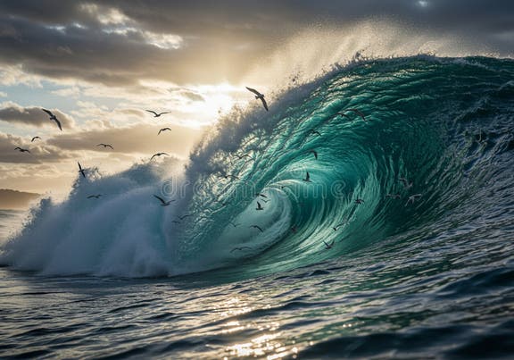 A Powerful Ocean Wave Curls Dramatically, Illuminated by the Sunlight ...