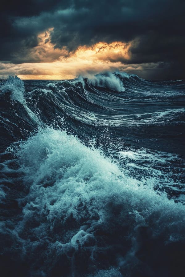 Powerful Ocean Waves Crashing Under Dramatic Cloudy Sky Twilight Stock ...