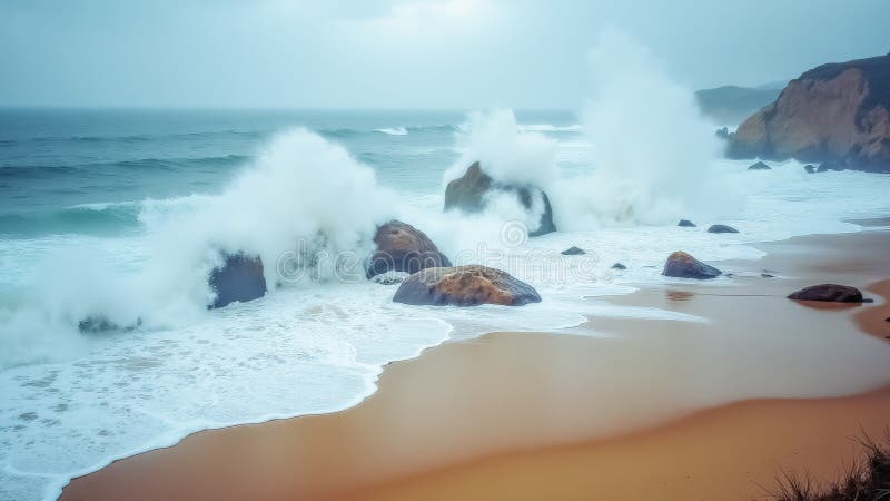 Powerful Waves Crashing Onto Rugged Rocks. AI Generation Stock Image ...