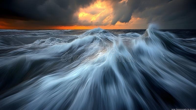 Powerful Ocean Waves at Dramatic Sunset Stock Illustration ...