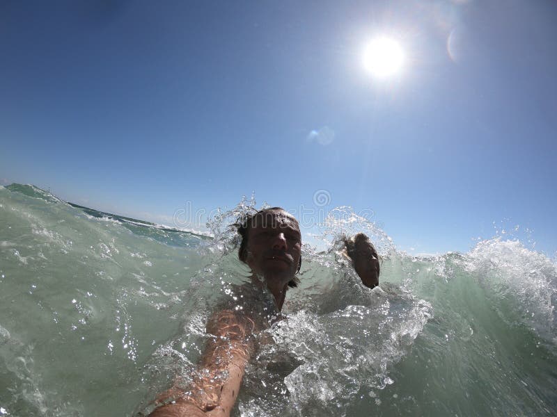 Powerful Ocean Waves Splashing Funny Couple Stock Image - Image of ...