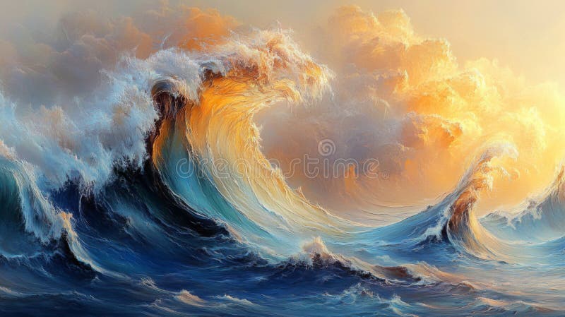 Powerful Ocean Waves at Sunset Dramatic Seascape Painting Stock ...