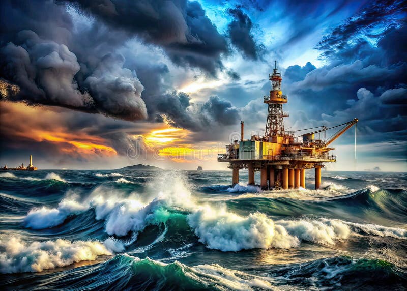 Powerful Offshore Oil Rig Braces Against a Stormy Ocean a Dramatic ...