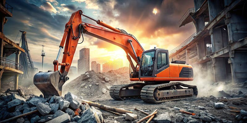 Powerful Orange Excavator Dismantles Concrete Structure Clearing Debris ...
