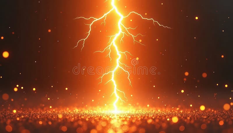 Powerful Orange Lightning Bolt Strikes Dark Background. Bright Electric ...