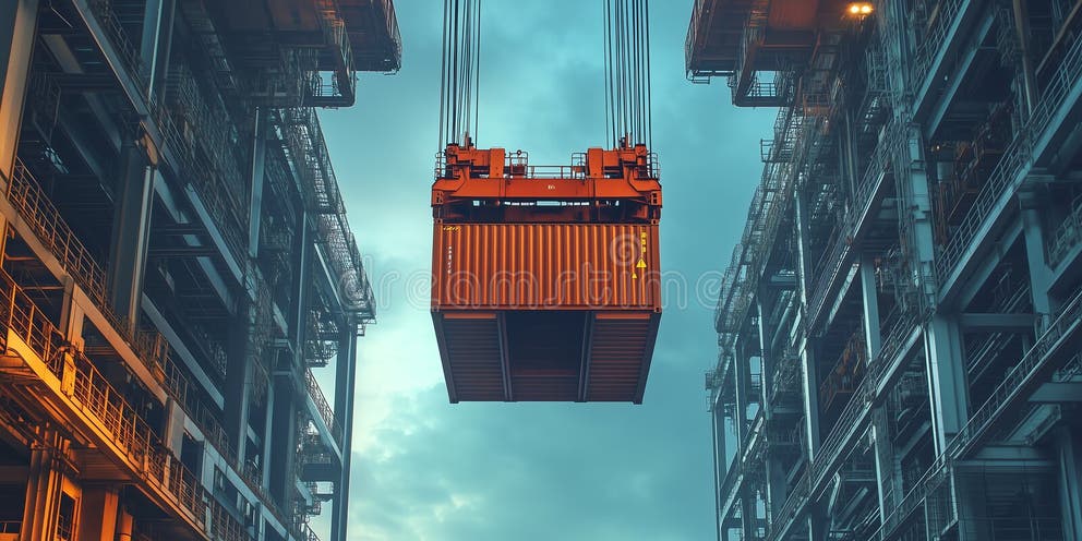 Powerful Overhead Crane at the Port Lifting a Large Container with ...