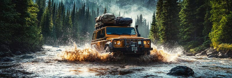A Powerful Overlander SUV Splashes through a River, Demonstrating Its ...